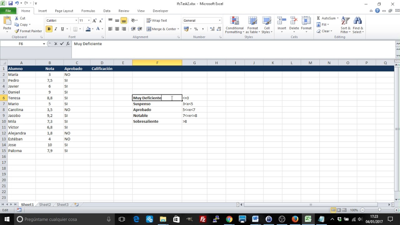 Curso de Excel. Uso de la función IF e IF anidado (en español SI) en un ...